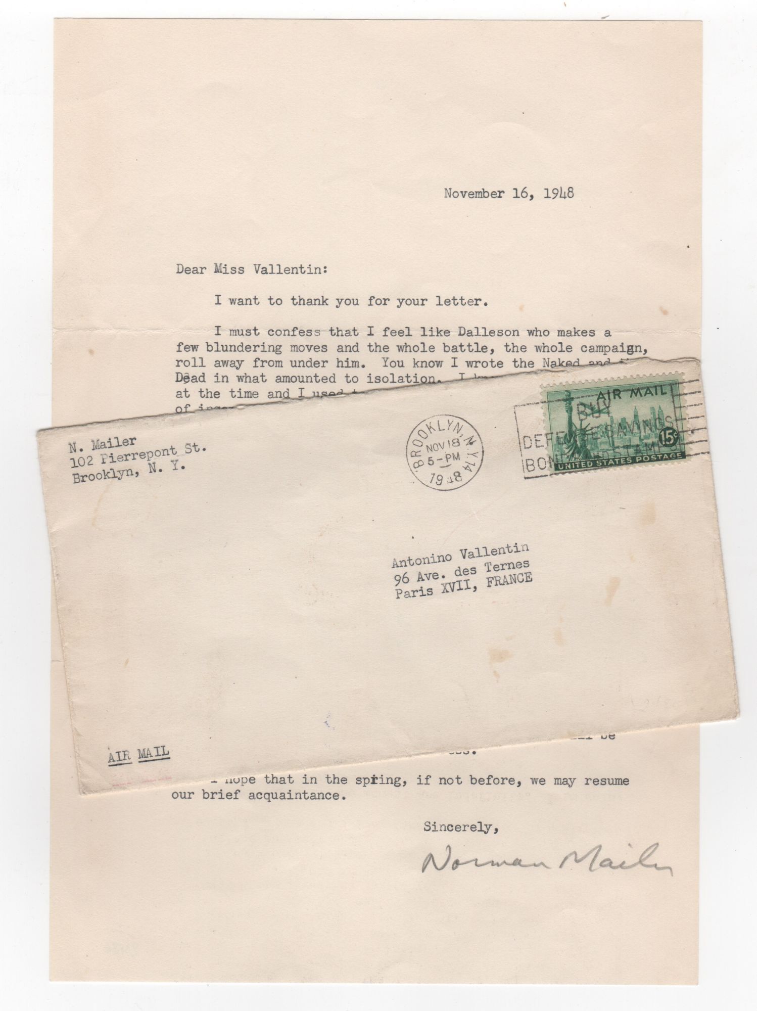 Typed Letter Signed; Norman Mailer in pencil | Norman Mailer